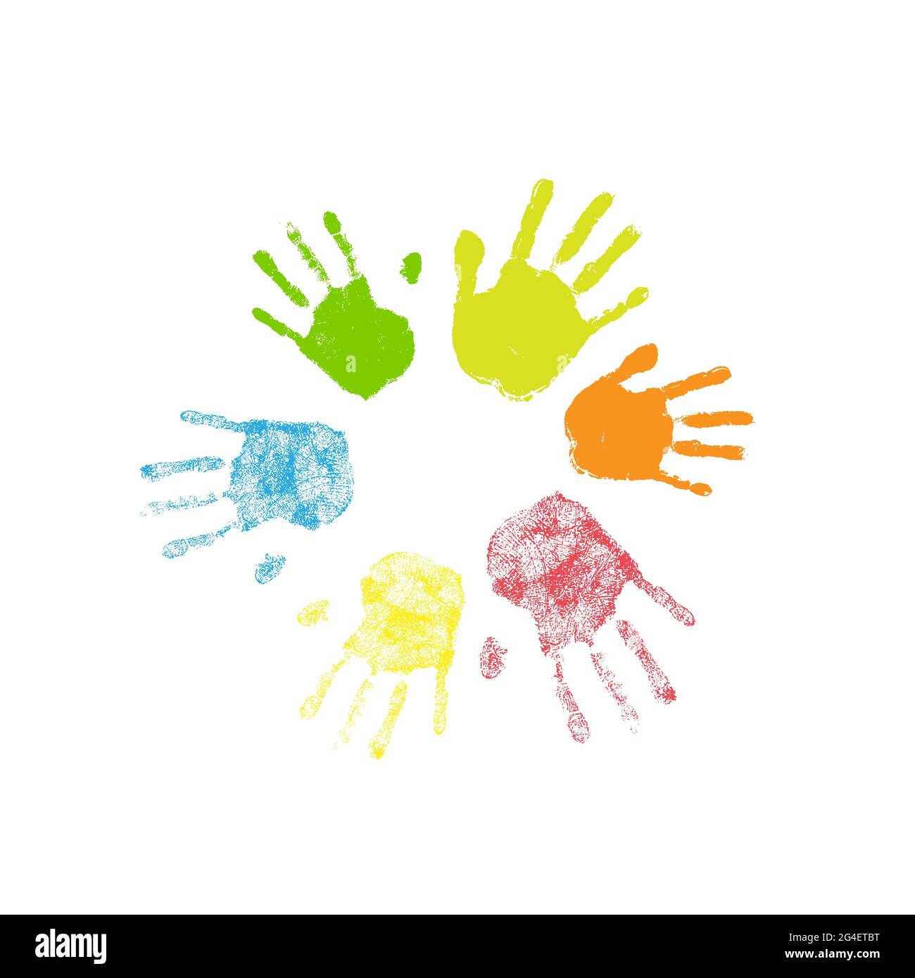 Colorful silhouettes of human palm prints arranged in circle on white ...