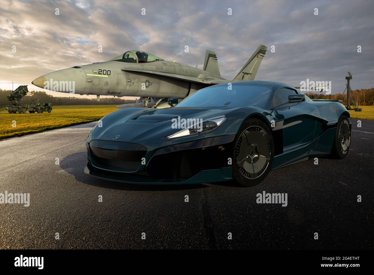 Rimac Two electric hyper car in front of a Boeing F-18 combat aircraft ...