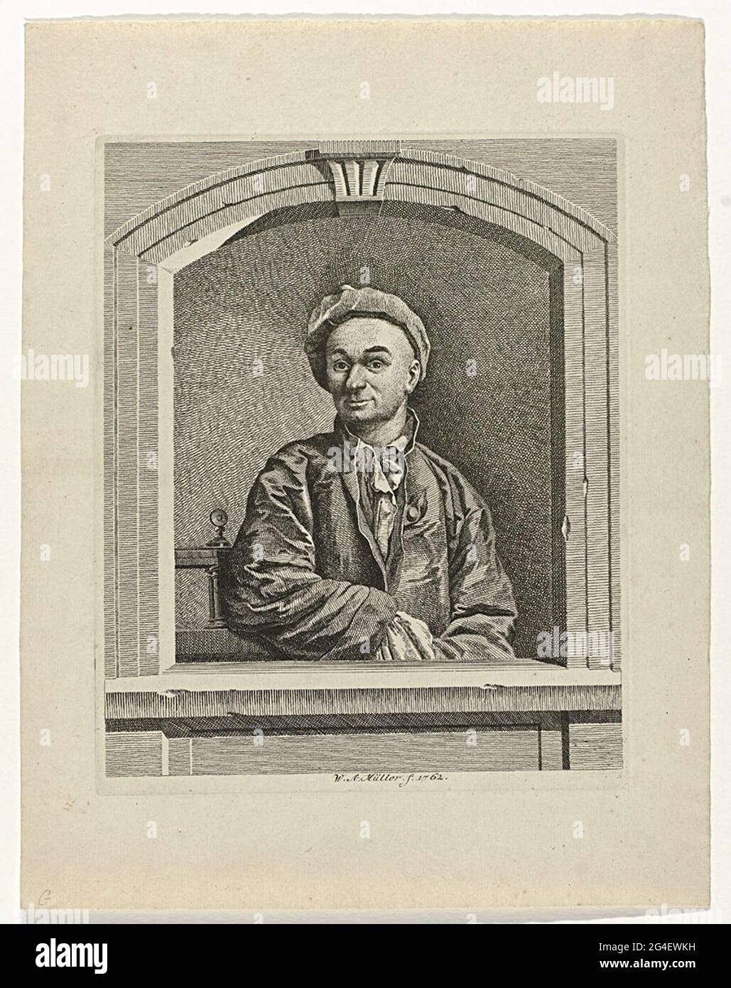 . A man with calot on the head, sitting behind a stone window Stock ...