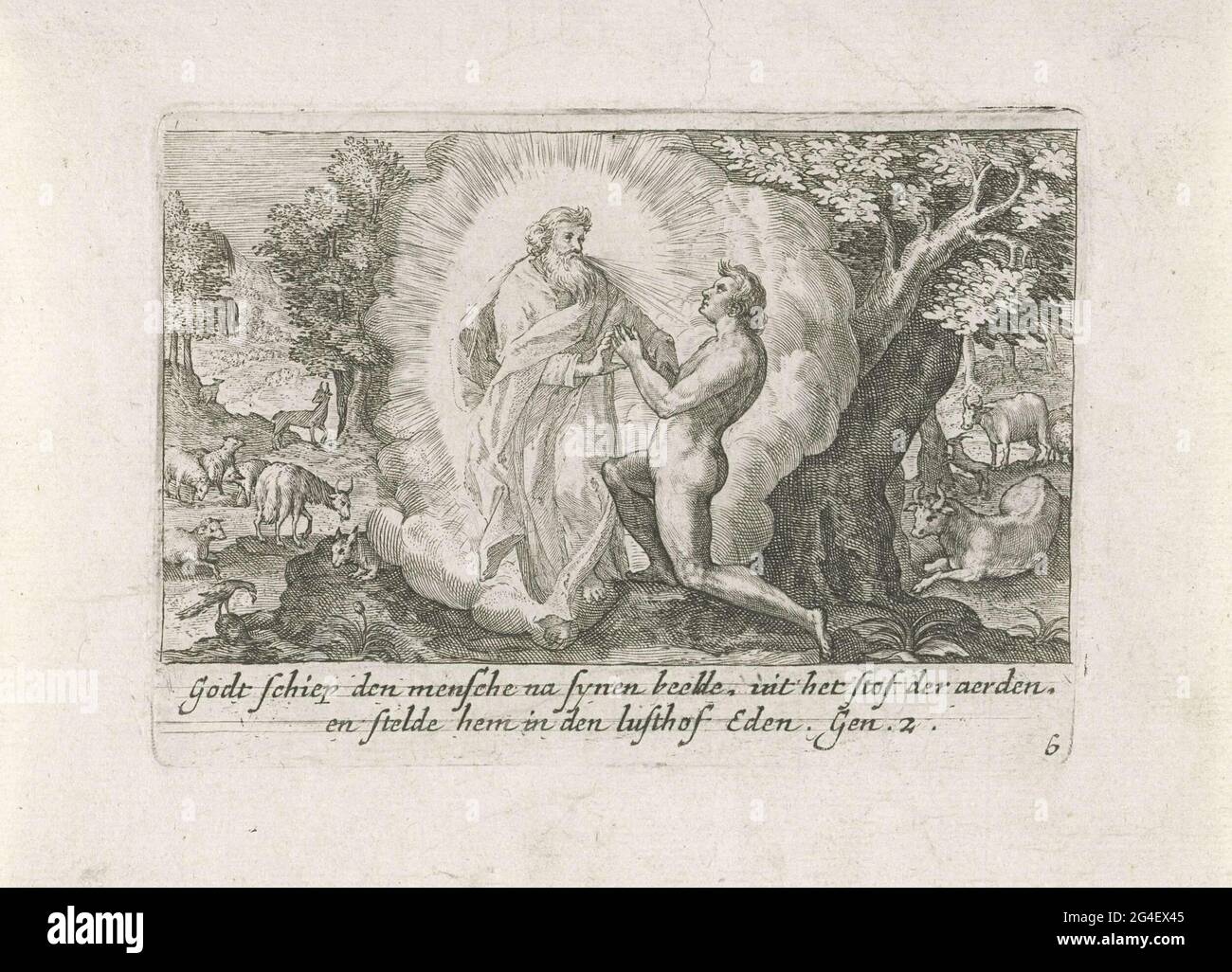 . God creates Adam in paradise. He blows him life through his nose. In ...