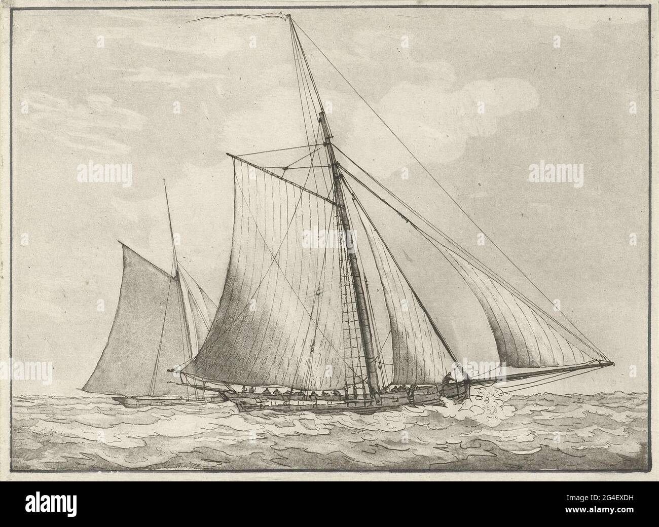 . Seascape of a ship with a mast and three sails. A second sailing ship ...