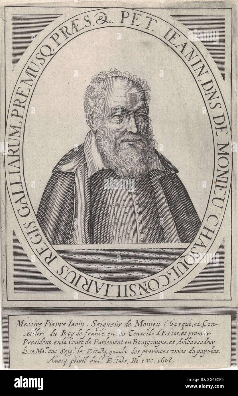 . Bust to the right of Pierre Jeannin, in an oval frame, on which a ...