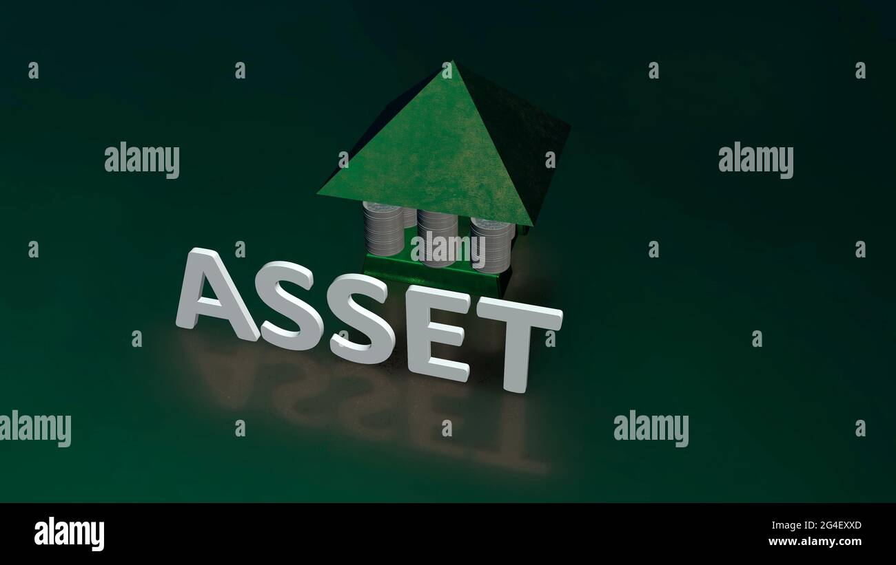 Glowing Asset text with background house made up of coin Stock Photo ...