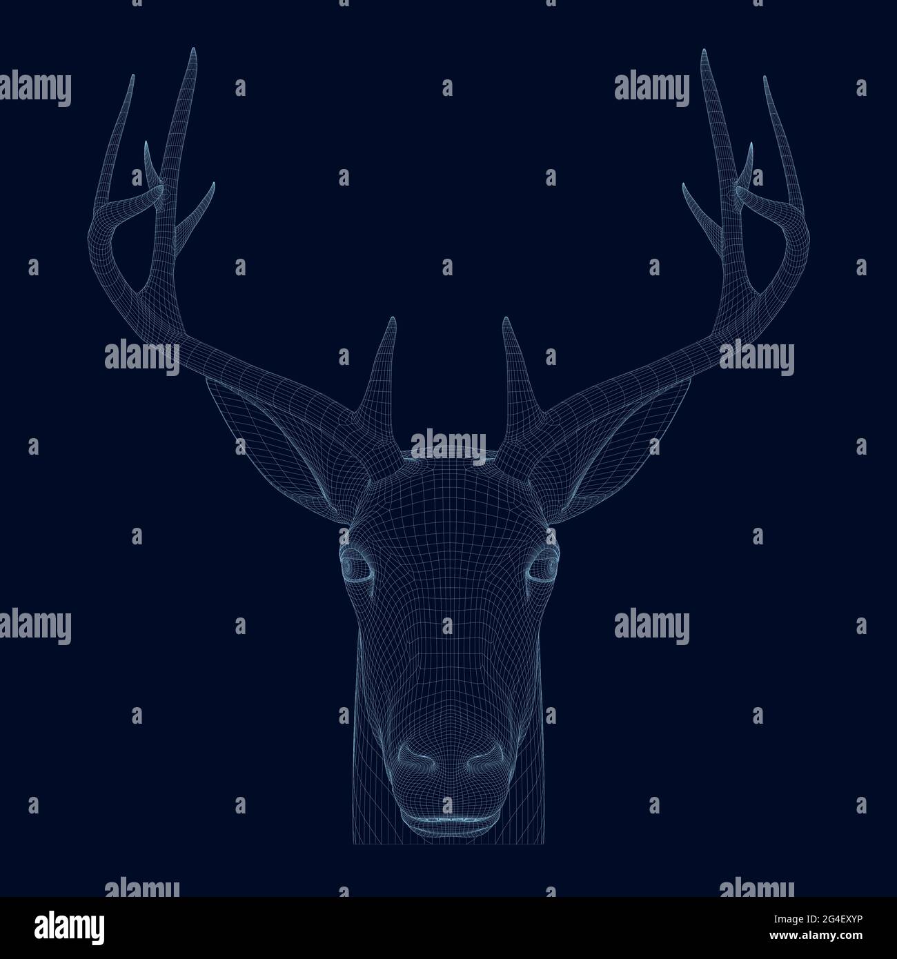 Deer head wireframe made of blue lines on a dark background. 3D. Front ...