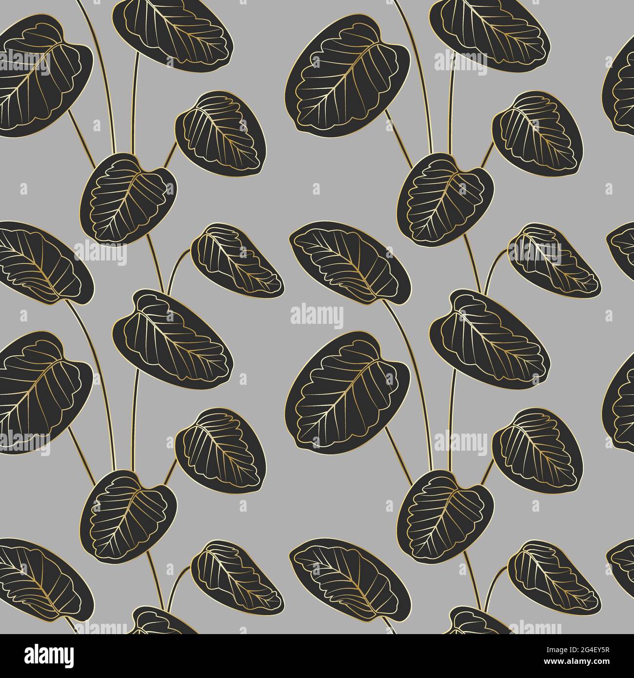 Tropical black calathea leaves golden outline drawing seamless pattern ...