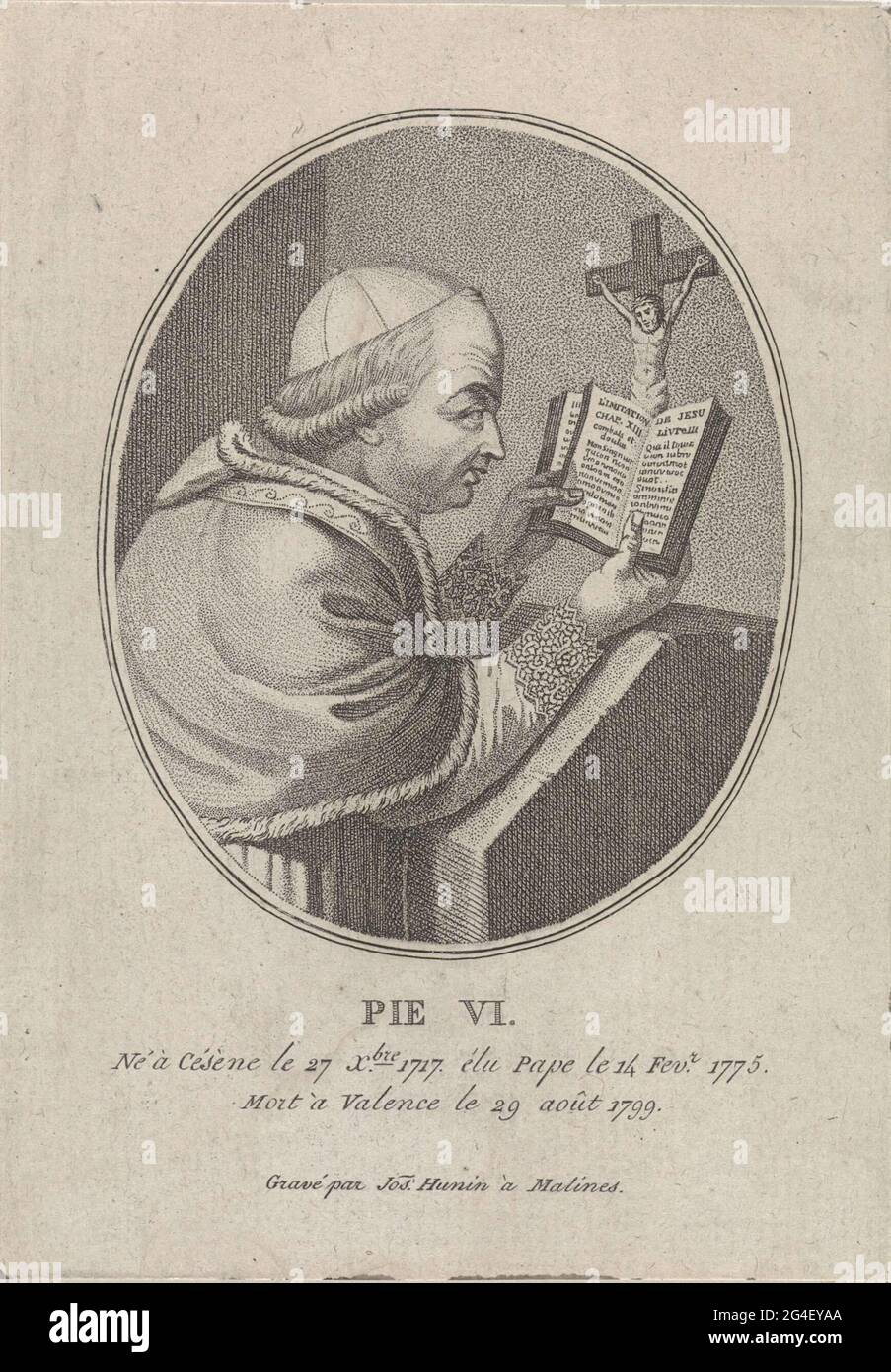 . Pope Pius VI with prayer book in the hands, to a desk, above which a ...
