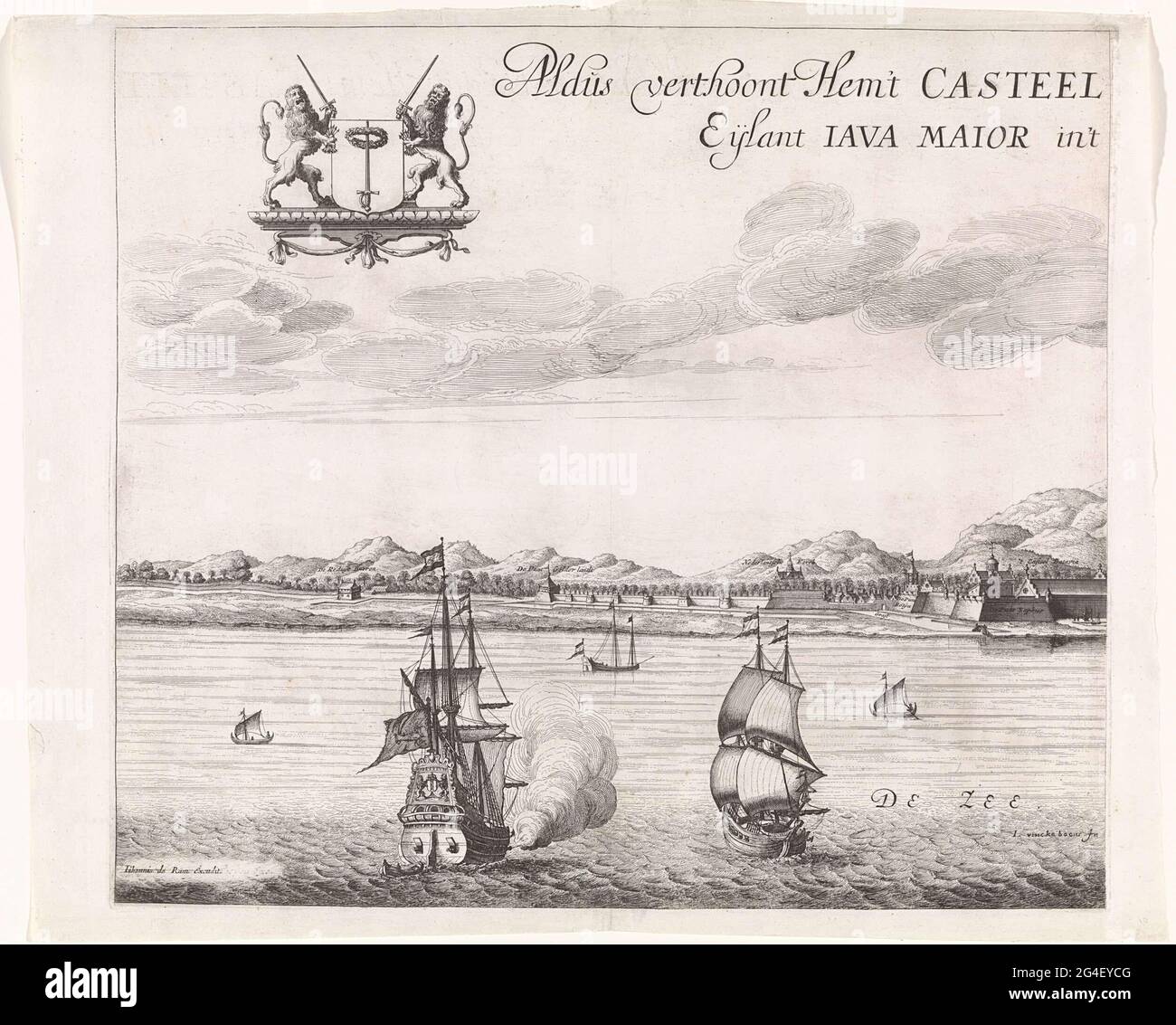 . On the right the face of Batavia with Batavia castle, surrounded by ...