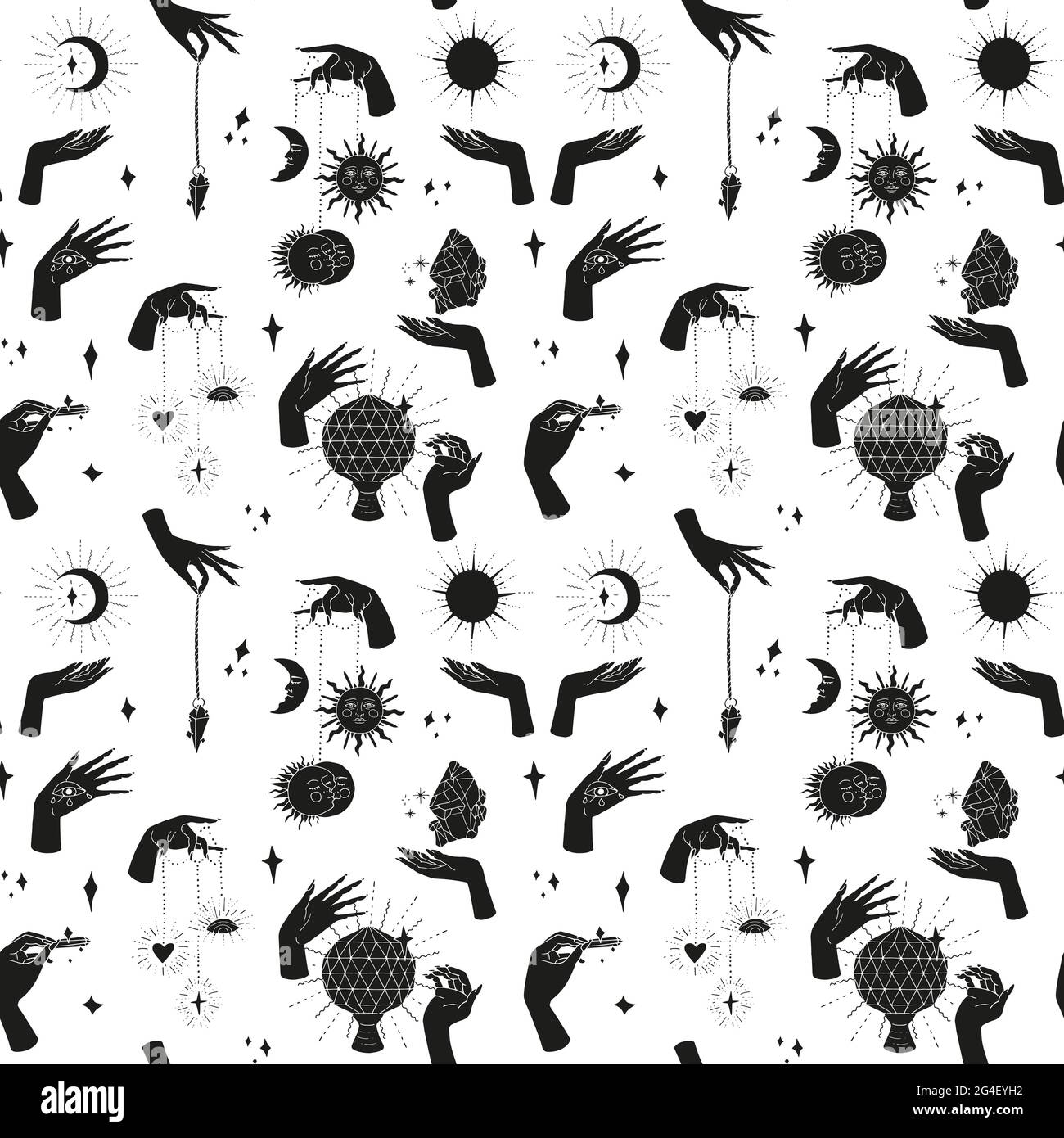 Seamless pattern with hand drawn doodle line art female witch hands ...