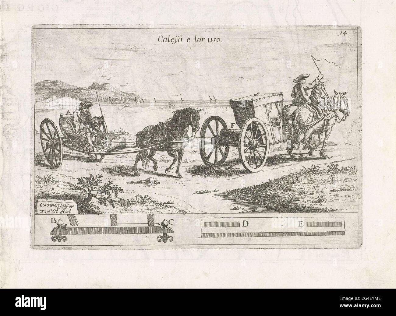 . Two carriages on the beach, both drawn by a horse. At the bottom of ...