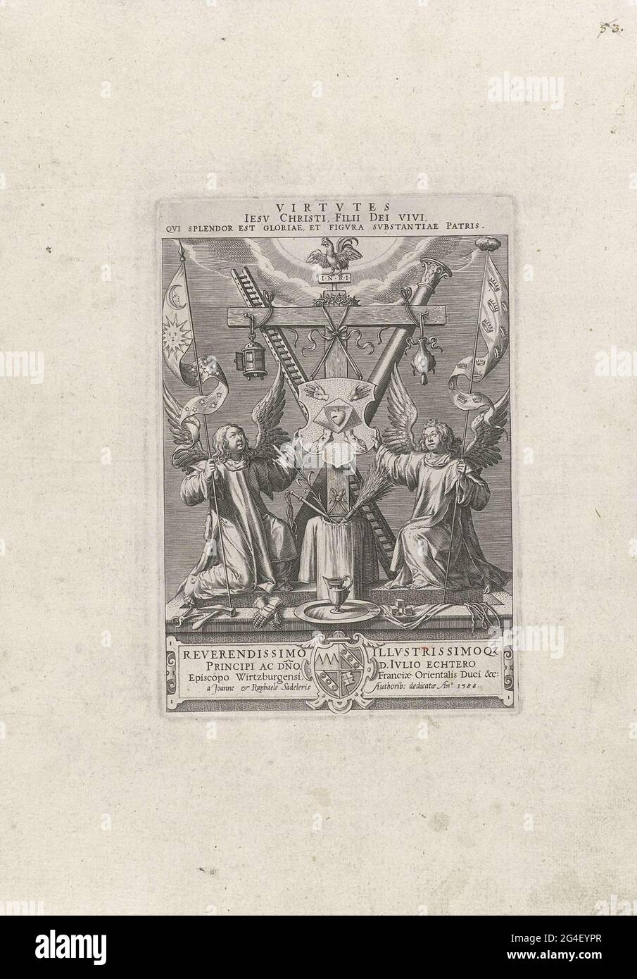 . Two angels with banners are kneeling on either side of the cross with ...