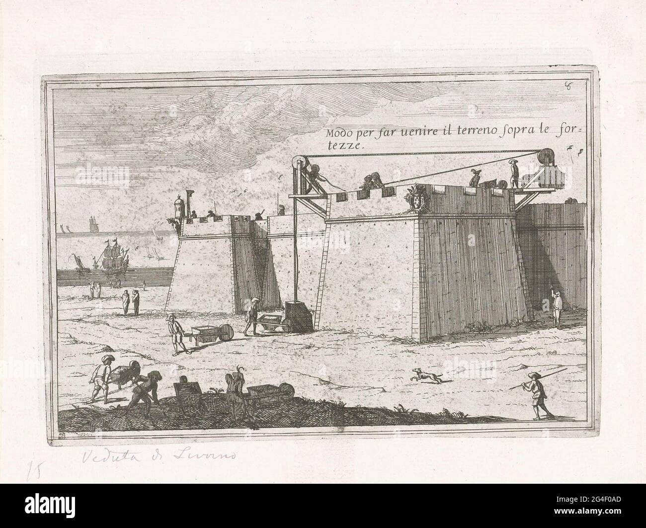 . Materials are diagnosed with a crane to the top of a fort. Men are ...