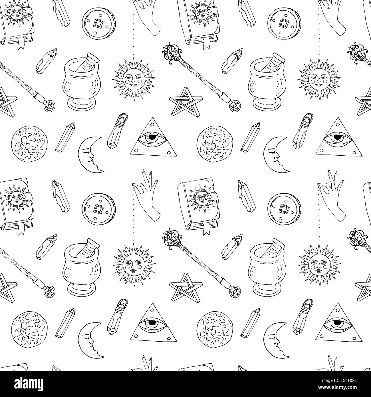 Seamless pattern with hand drawn doodle line art celestial bodies and ...