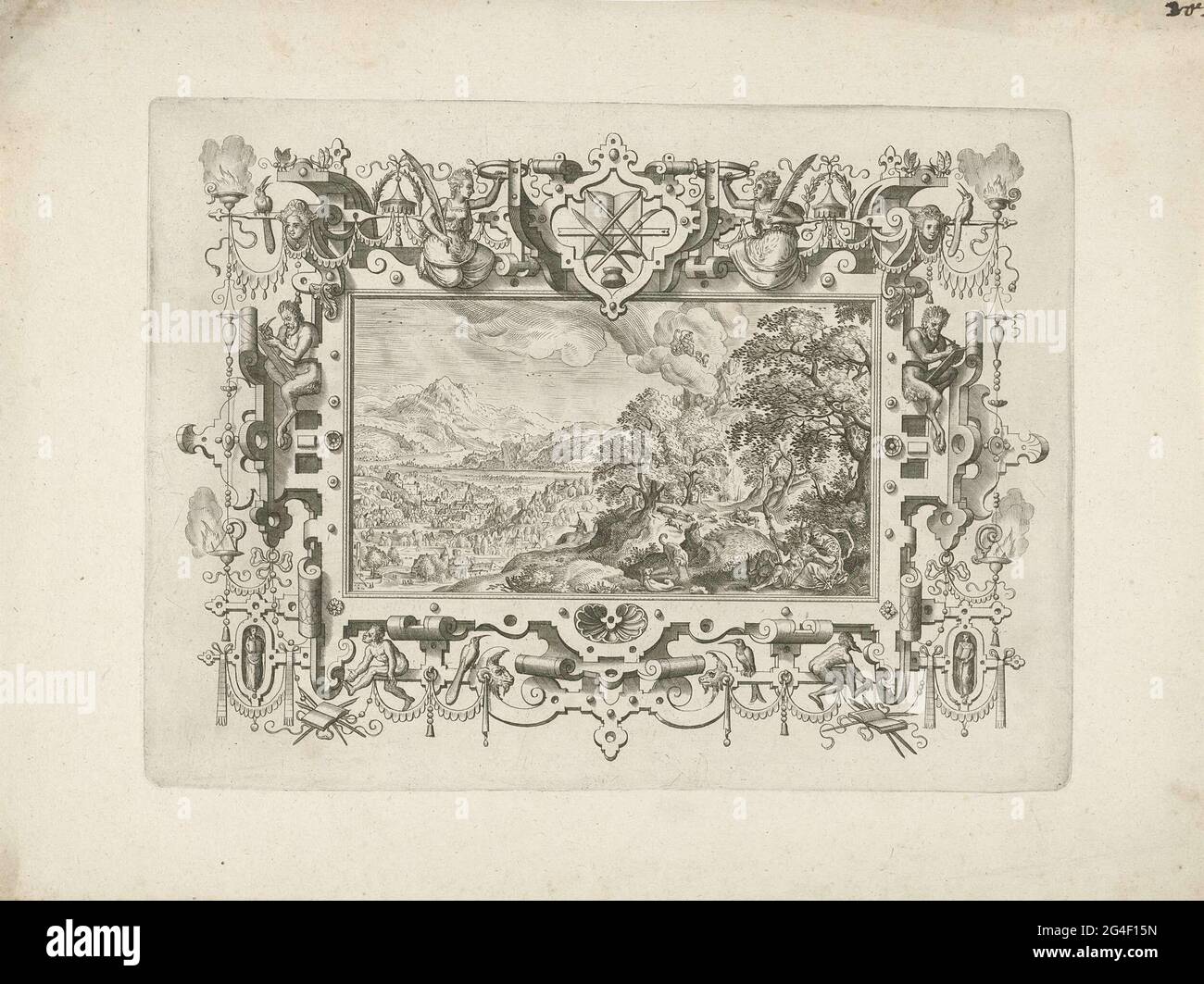 . A landscape in which Venus and Adonis are under a tree on the right ...