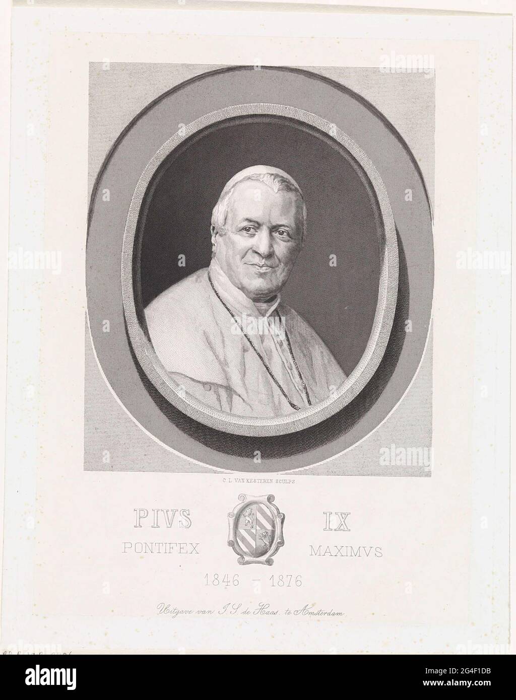 . Portrait bust of Pope Pius IX, shrouded in papal clothing, on the ...
