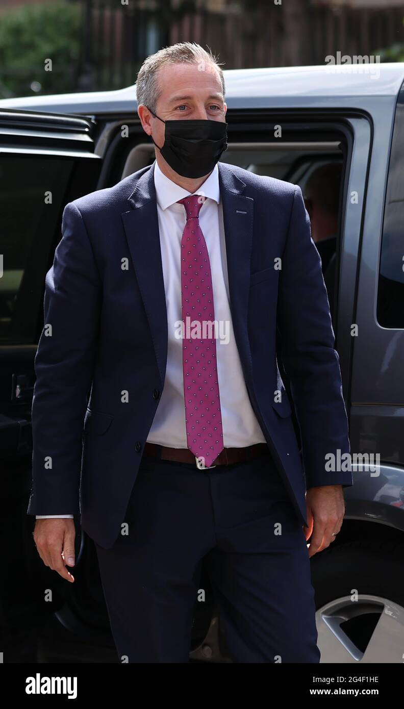 First Minister Paul Givan arrives for a visit to the PIPS Charity ...