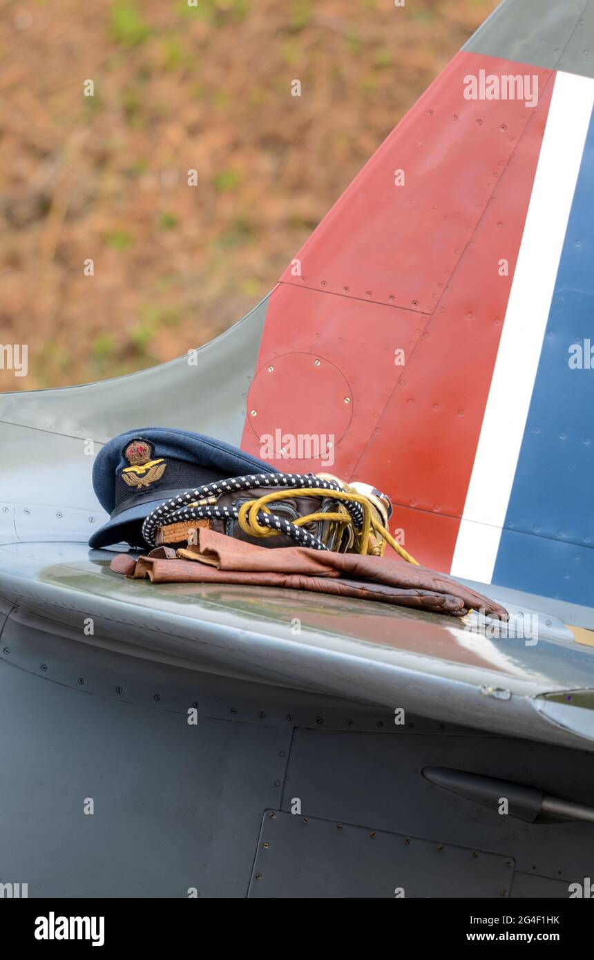 Second World War pilot's equipment ready for flight on the tail plane ...
