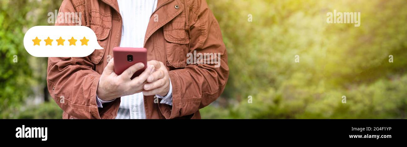 Woman gives stellar feedback. Customers choose a satisfaction rating ...