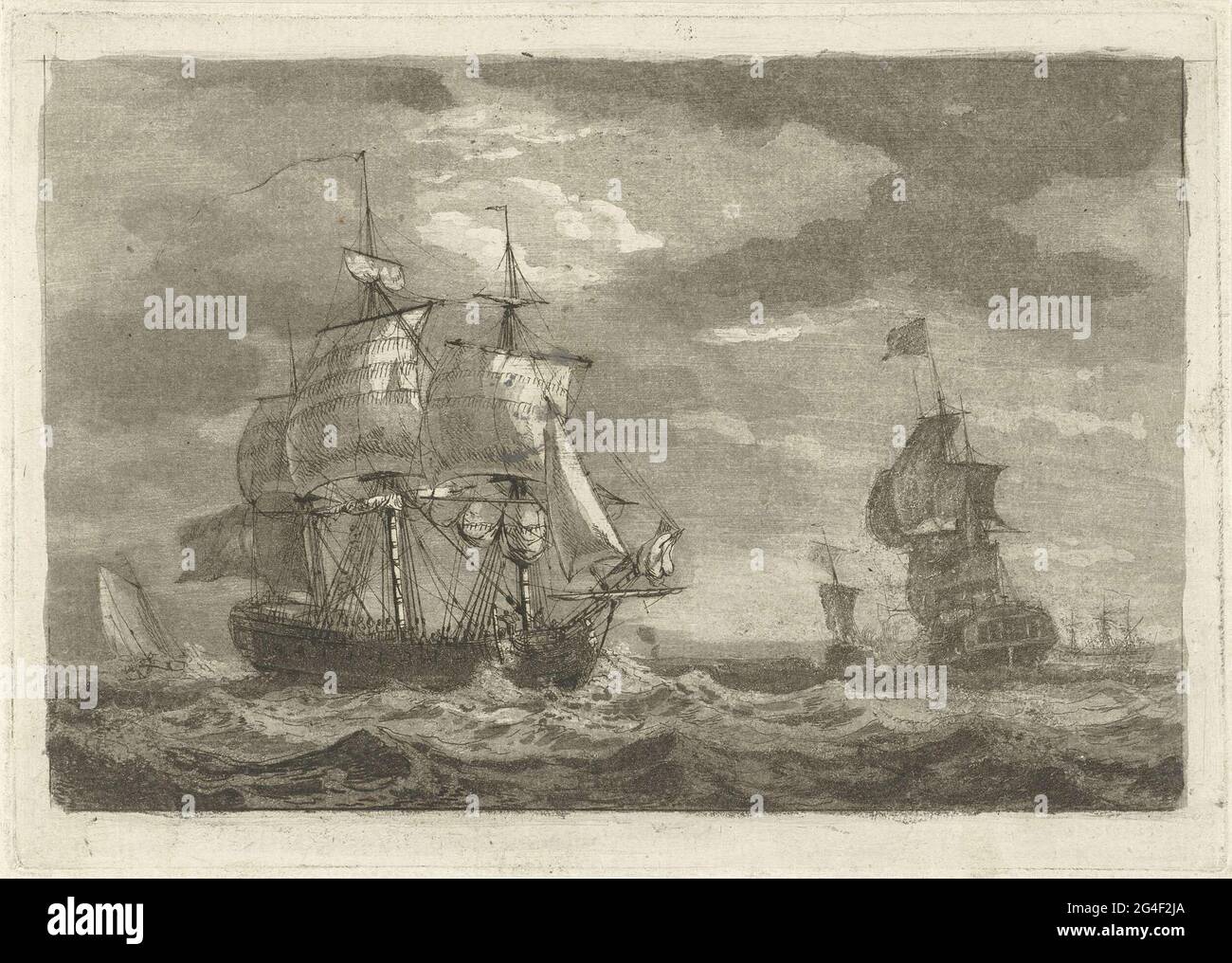 . Three three-master and some other sailing ships on restless water ...