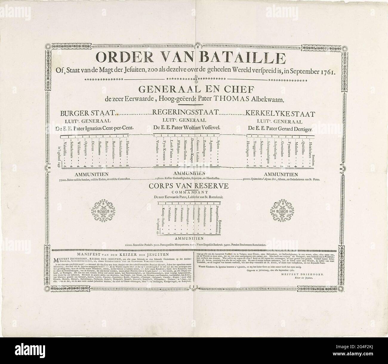 . Cartoon on the Jesuits. Satirical leaf with the battle order of the ...