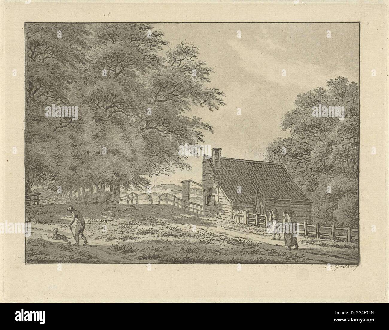 . A landscape to overveen, with hikers on a road. Right a shed Stock ...