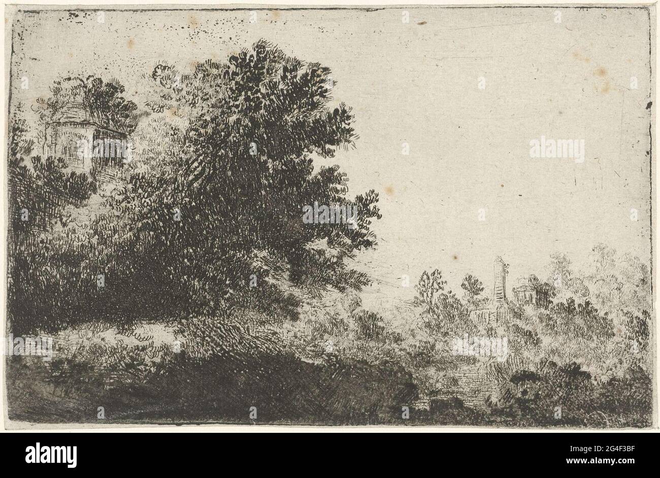 . Landscape with a building between the trees and on the right an ...