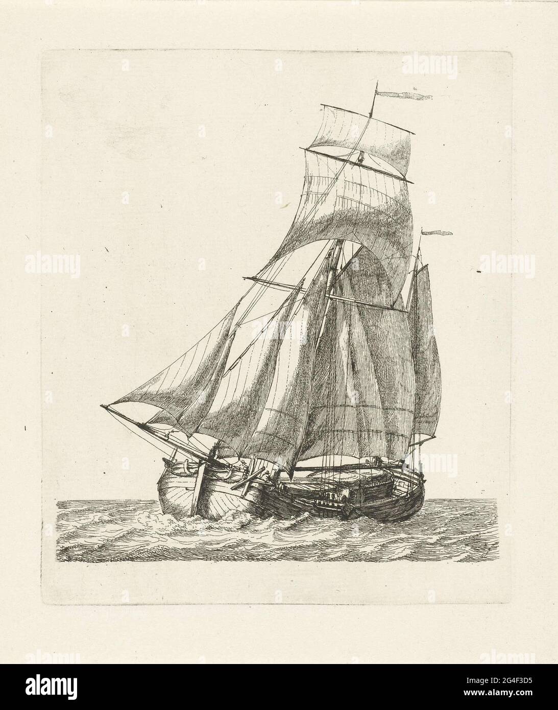 . A sailing ship with three figures, slanted by the front. This print ...