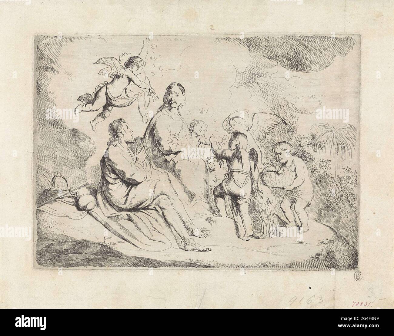 . The holy family, sitting, surrounded by putti. A palm tree in the ...