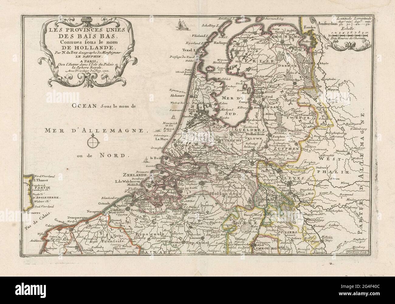 . Map of the Netherlands in 1701. With colored borders and the names of ...
