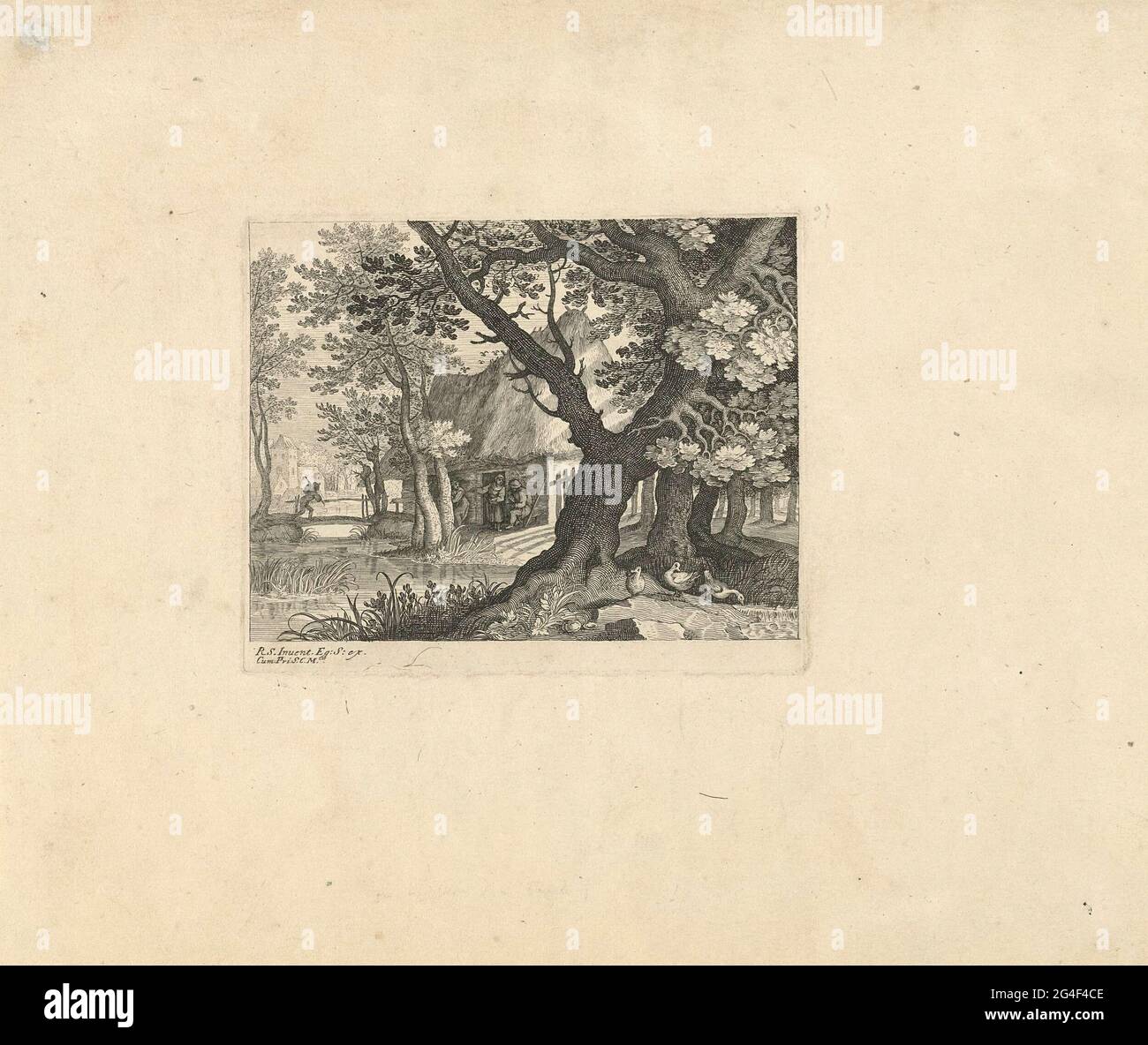 . Forest landscape with a farm next to a stream. The fifth print of a ...
