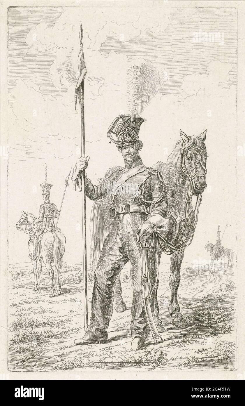 . Soldier with a lance next to his horse. In the background two ...