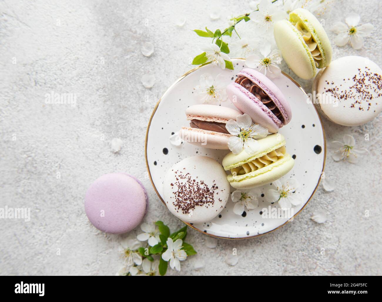 French sweet macaroons colorful variety on a concrete background with ...
