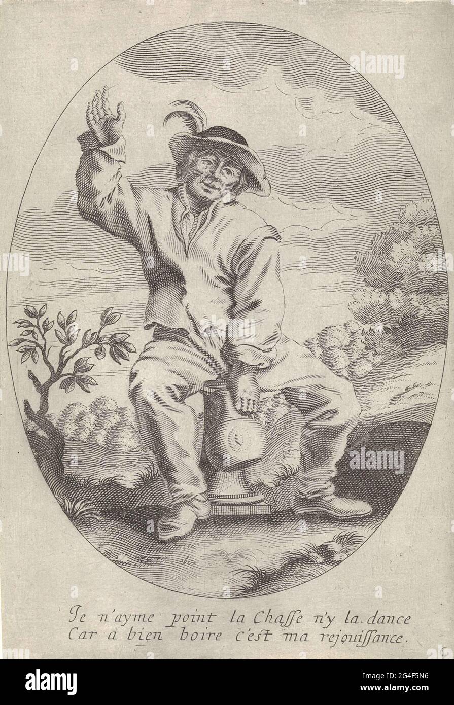 . A farmer is sitting in a landscape on a small pillar and holds a jug ...