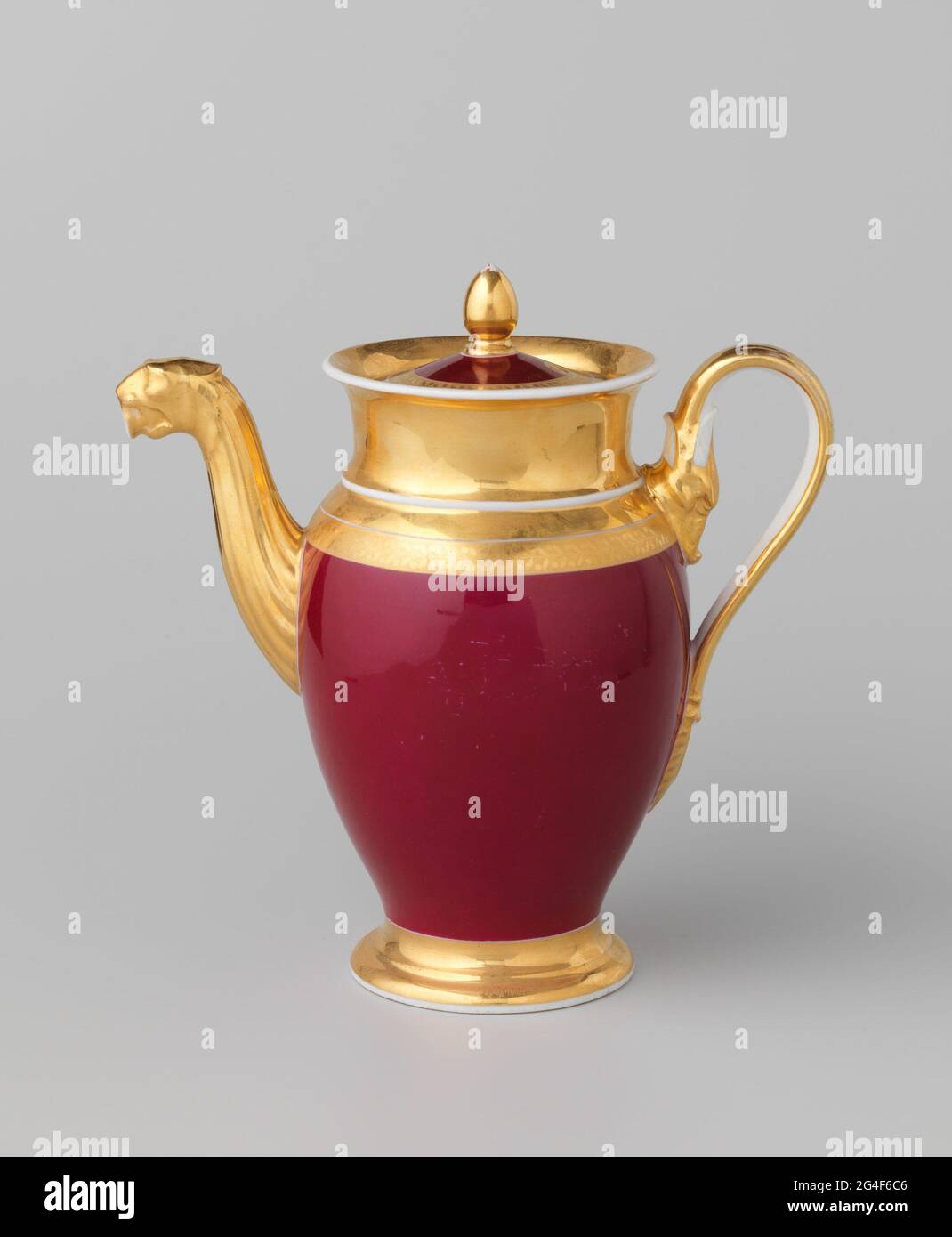 Coffee pan with lid, purple red with golden edges, ear and spout ...