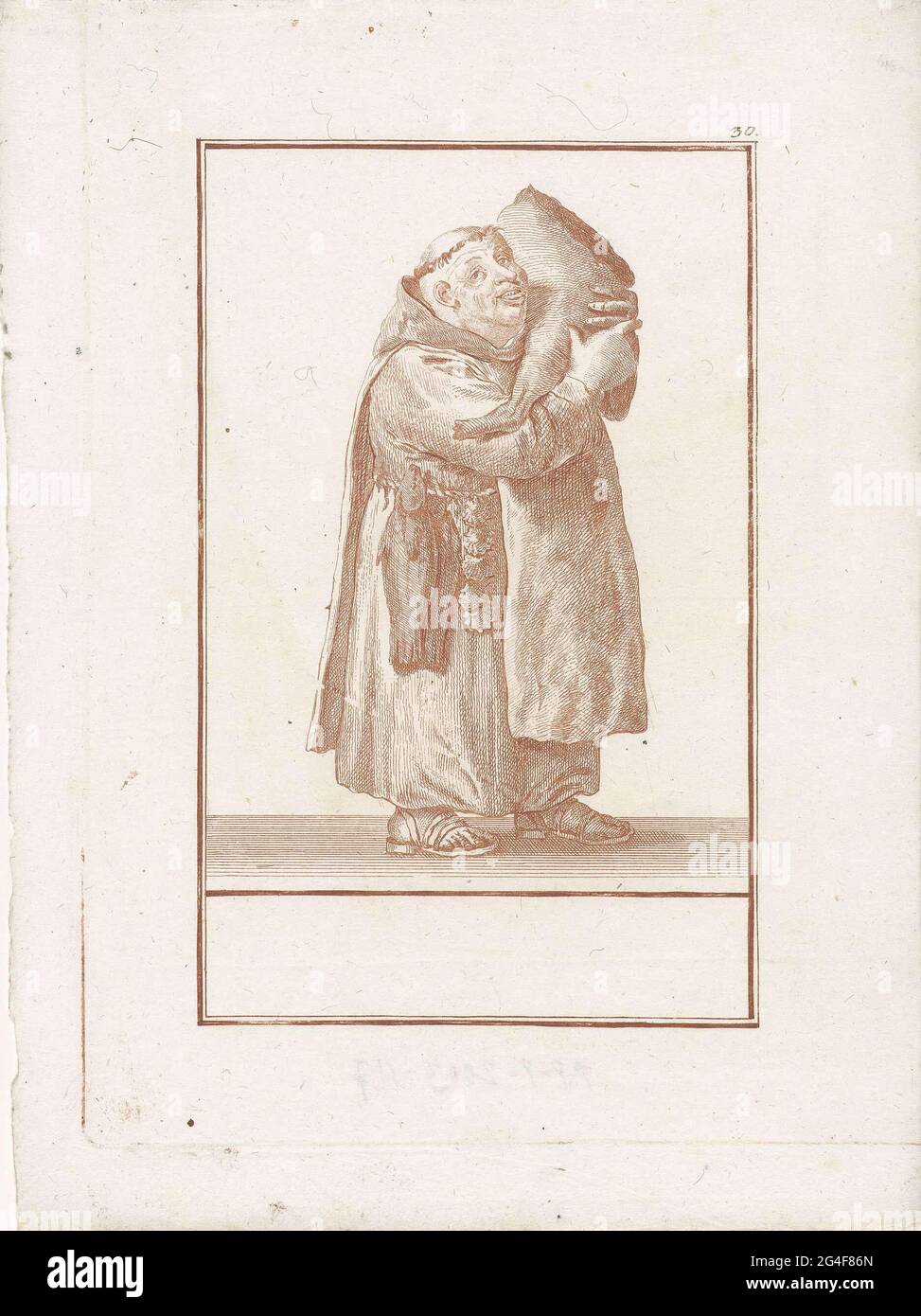 . Thick monk, standing to the right. To his belt fishing and shells. He ...