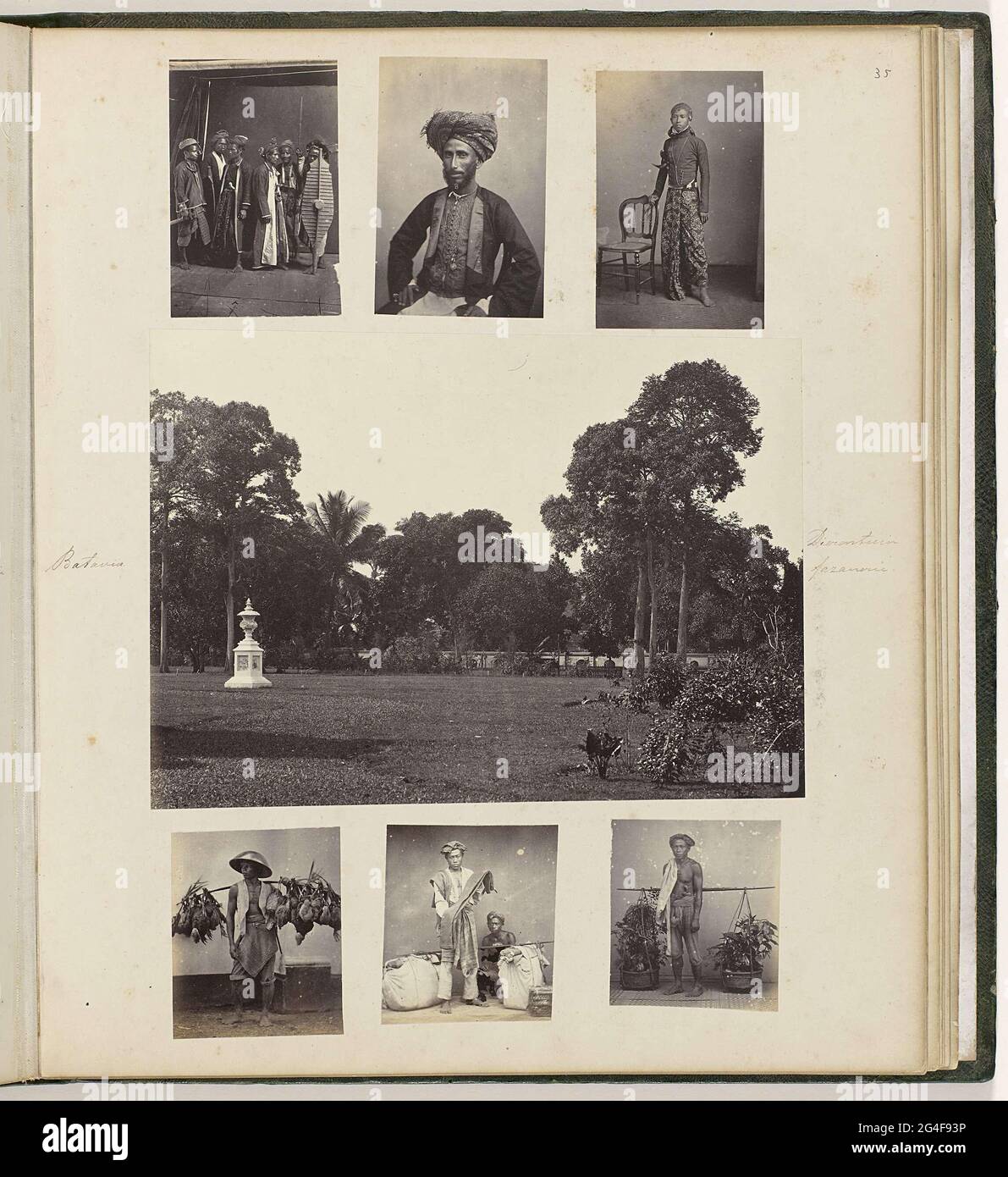 . Album leaf with seven photos. Centrally a face of the pheasantry in ...
