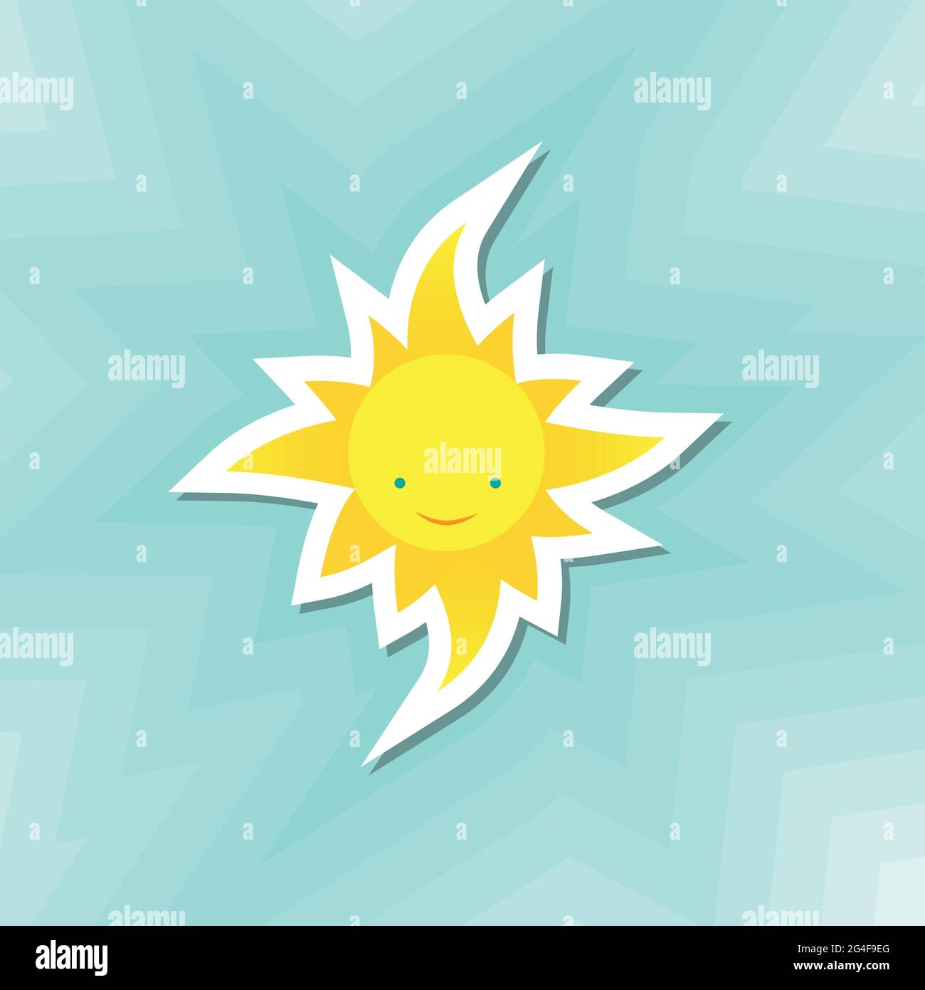 Smiling yellow sun sticker. Turquoise background. Vector illustration ...