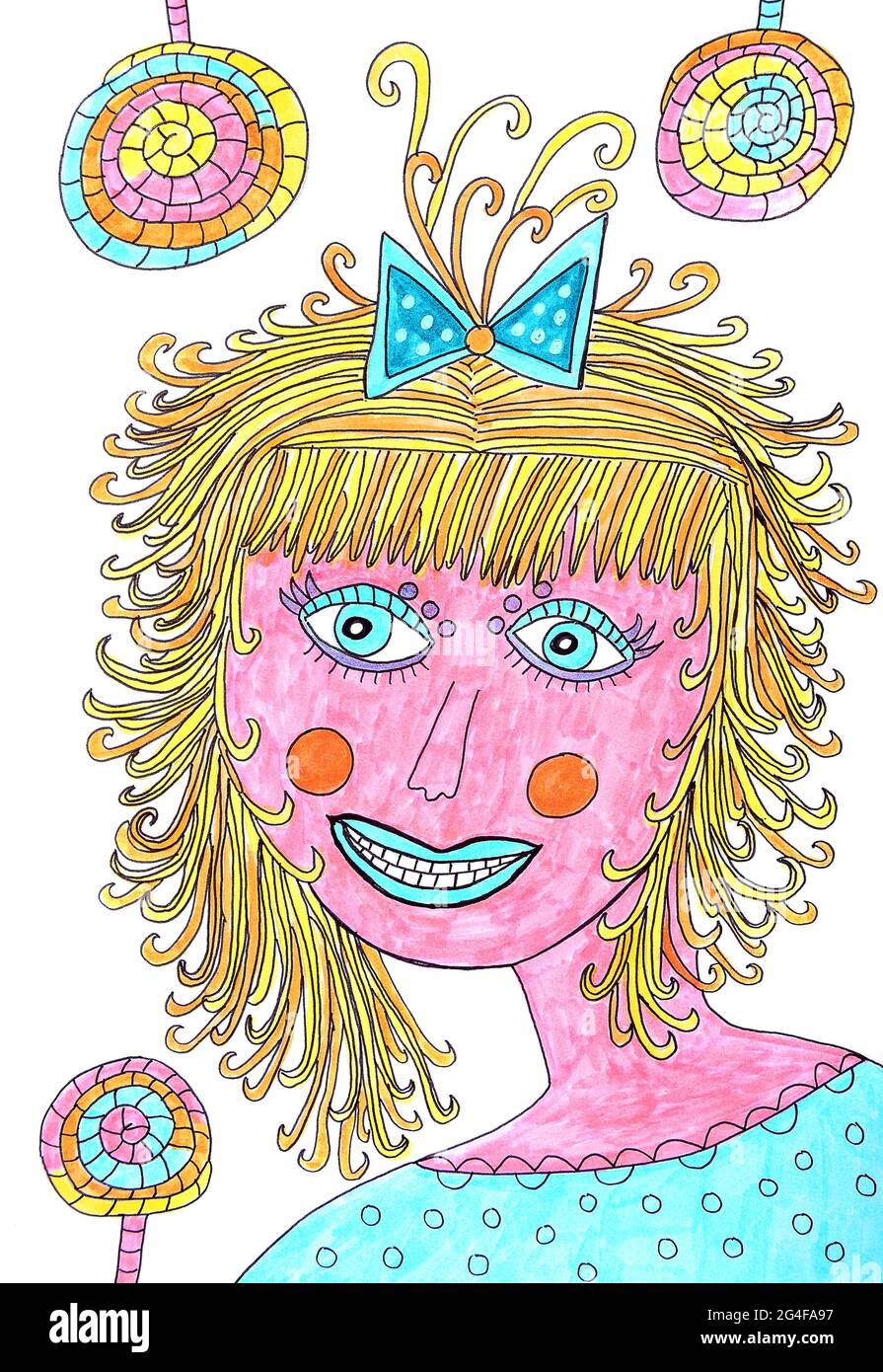 Naive illustration, young woman, portrait, white background Stock Photo ...