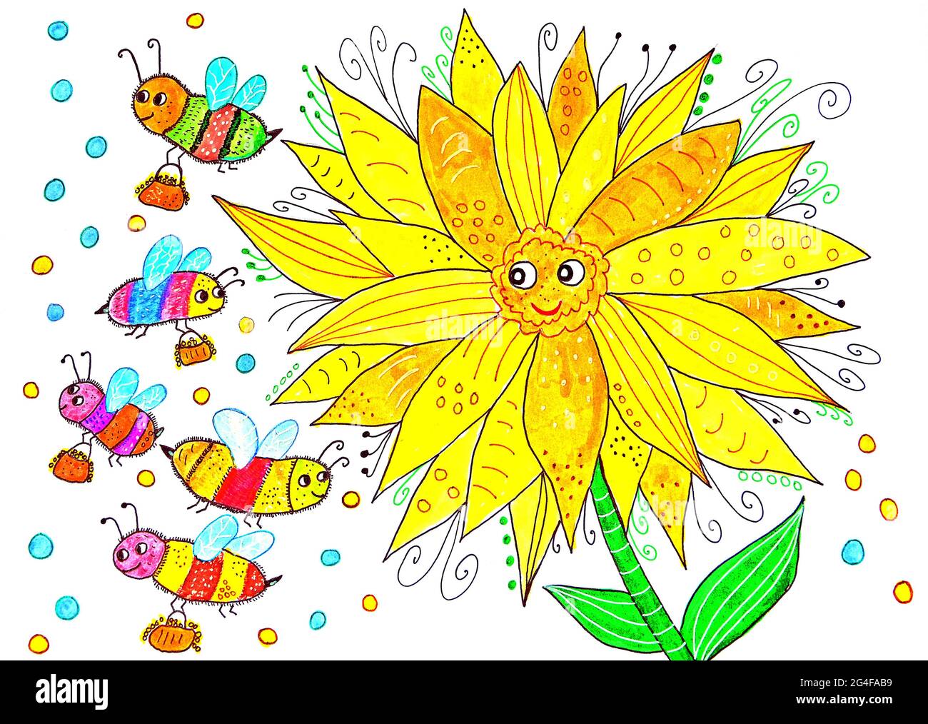 Naive illustration, sunflower with flying bees Stock Photo - Alamy