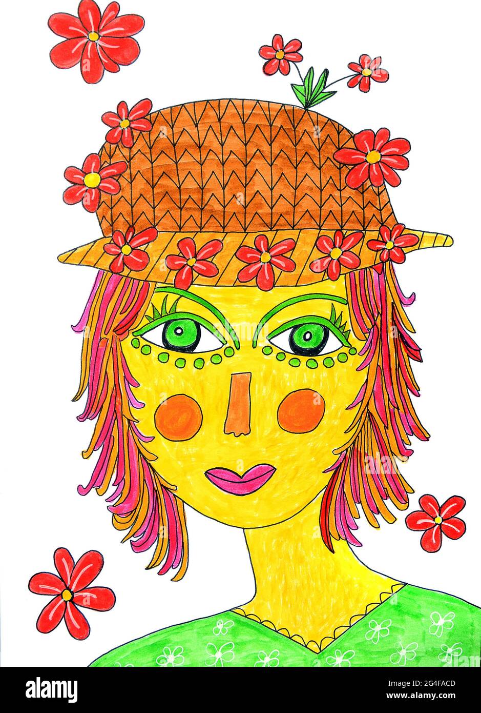 Naive illustration, young woman with hat and red flowers, portrait ...