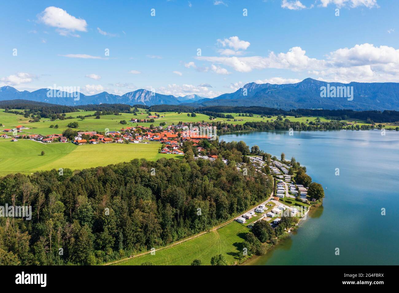 Camping site at the Riegsee, village Riegsee, drone image, alpine ...