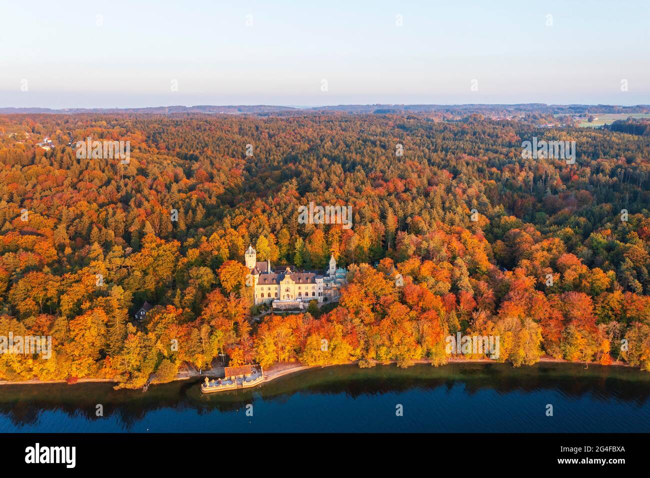 Seeburg Castle at Lake Starnberg in the evening light, near Muensing ...