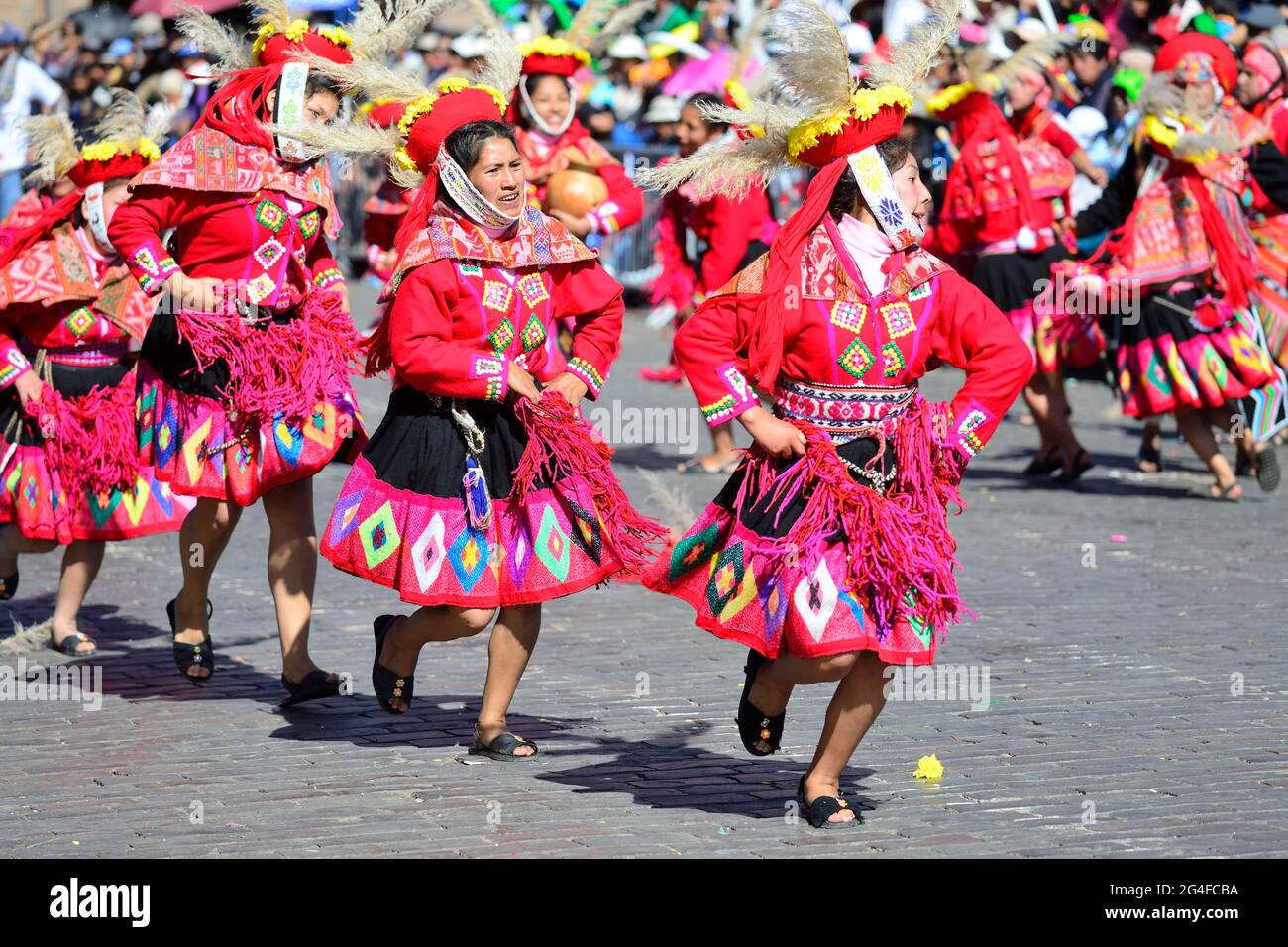 Plaza de Armas with indigenous dance group during a parade, Cusco, Peru ...