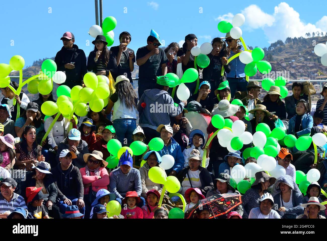 Spectator stand with balloons at the Plaza de Armas during a parade ...