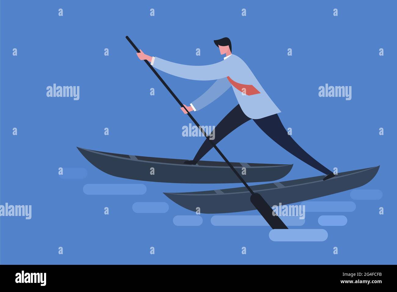 Illustration of a businessman standing in two boats and rowing. Concept ...