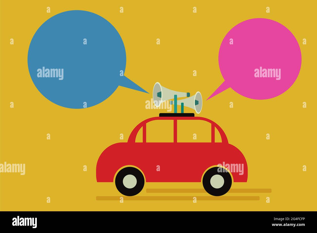 Retro style loud speaker announcement in a car with speech bubbles ...