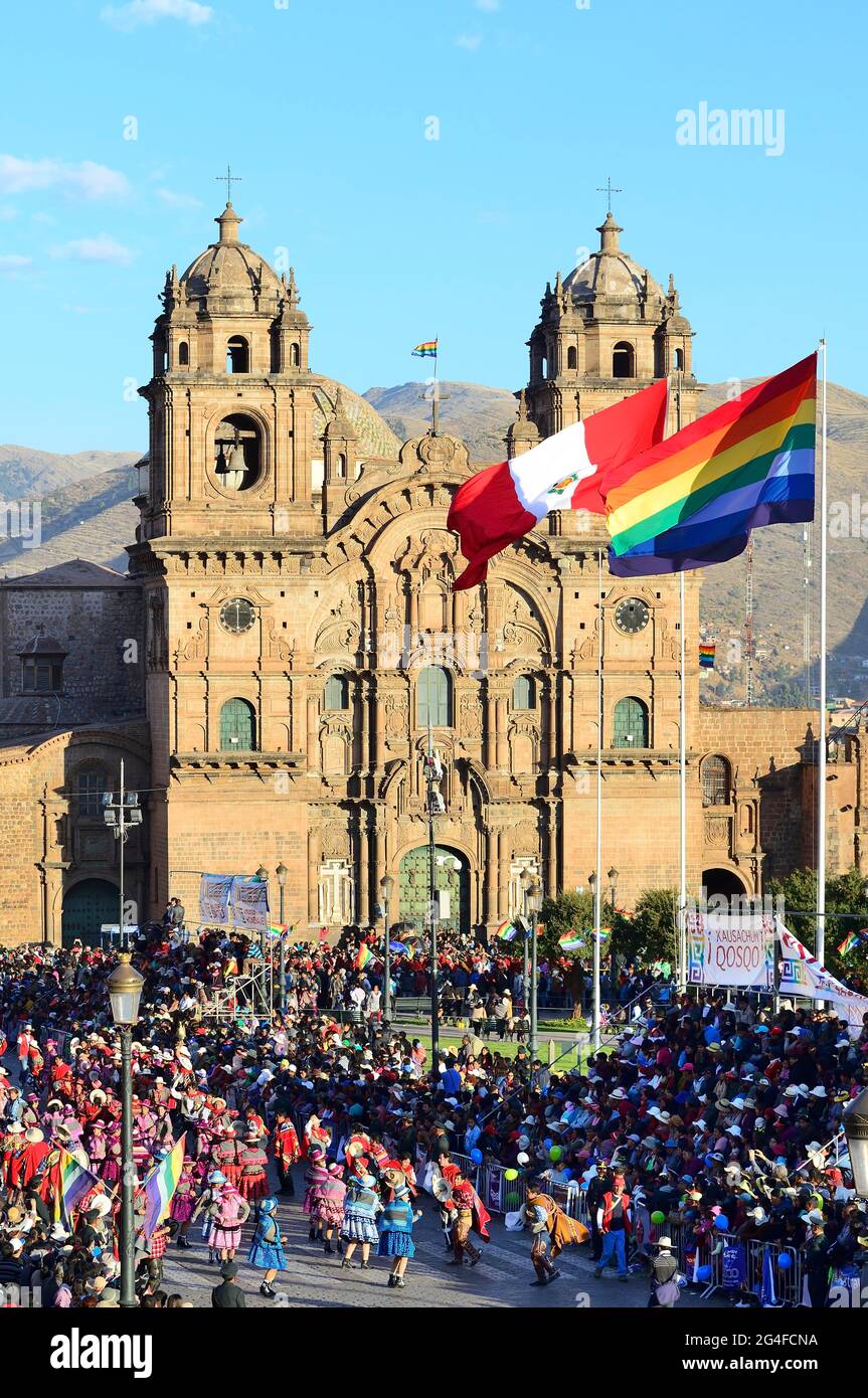 Parade on the eve of Inti Raymi, festival of the sun in front of the ...