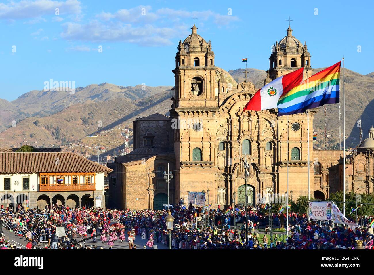 Parade on the eve of Inti Raymi, festival of the sun in front of the ...