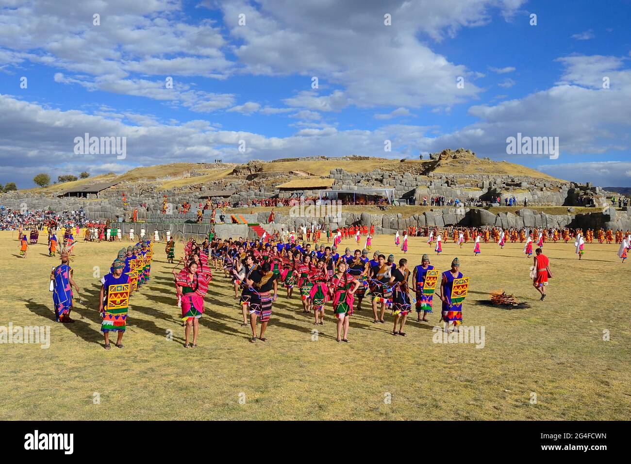 Inti Raymi, festival of the sun, dance group in front of the sanctuary ...