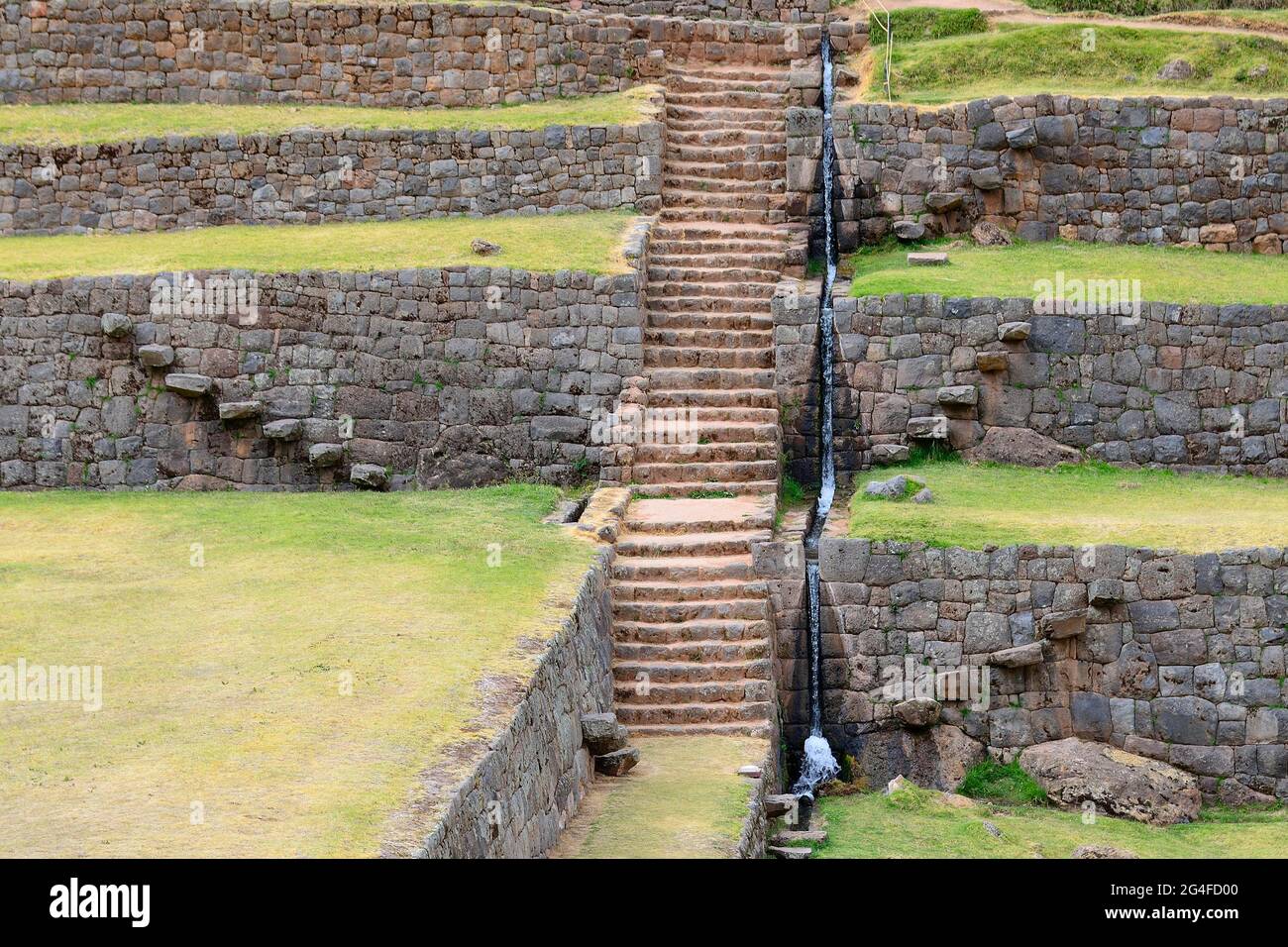 Stone staircase in the terraces of Tipon, Inca ruins, Cusco region ...