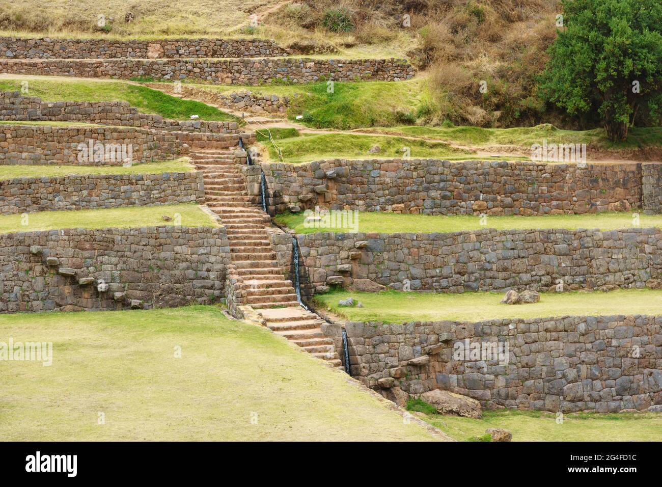 Stone staircase in the terraces of Tipon, Inca ruins, Cusco region ...